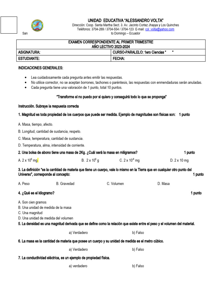 Formato Examen Primer Quimestre | PDF | Masa | Cantidad