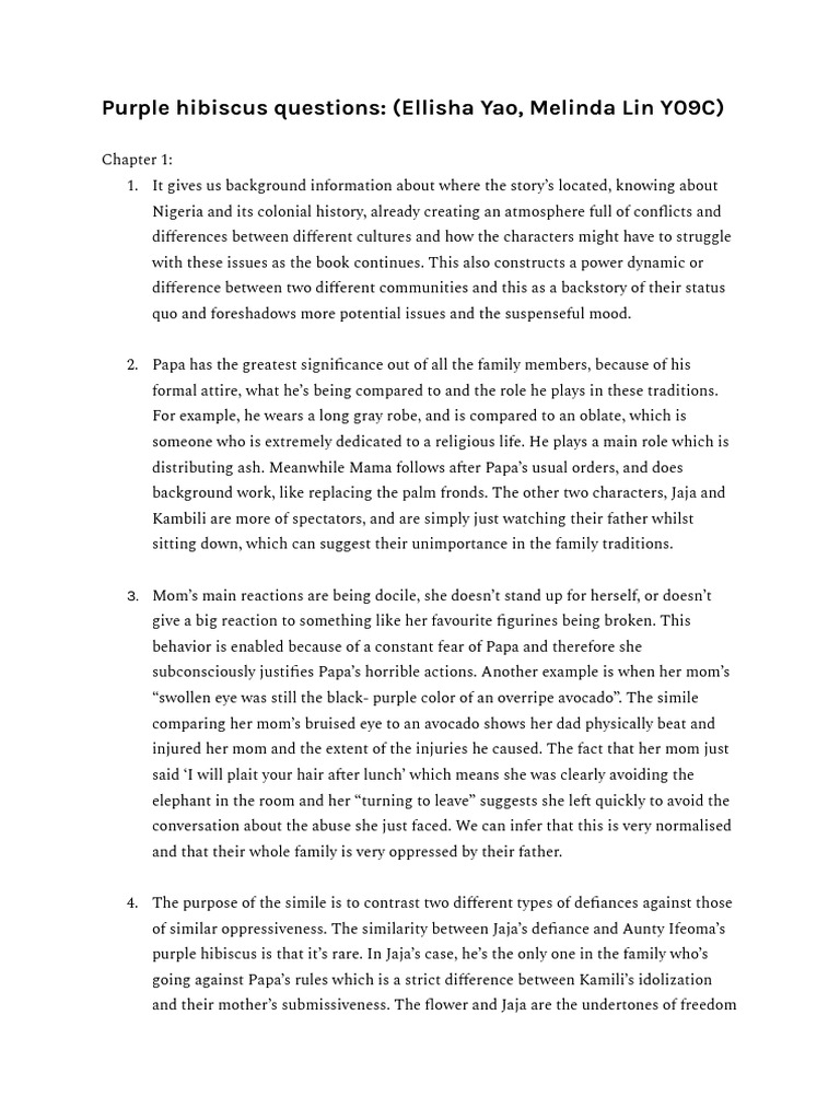 Purple Hibiscus Questions | PDF | Freedom Of Speech | Violence