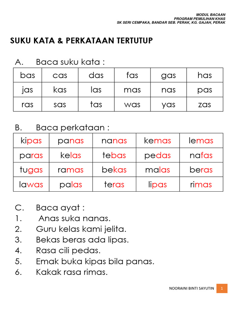 Modul Bacaan Suku Kata Tertutup 2014 | PDF