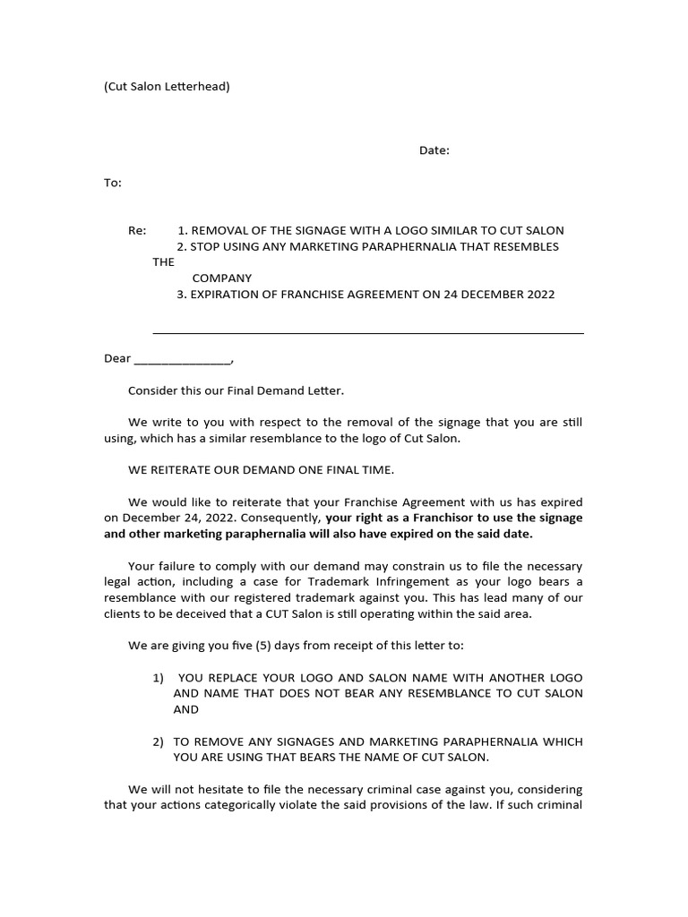 Final Demand Letter | PDF | Franchising | Trademark