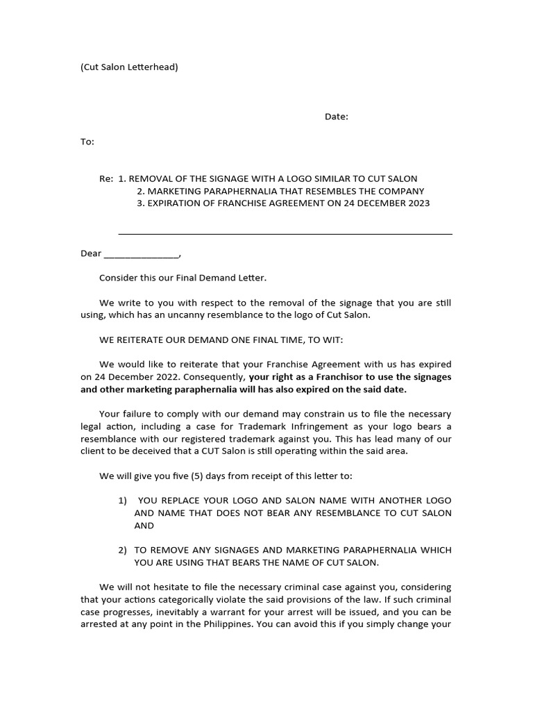 Demand Letter Draft CUT SALON | PDF | Franchising | Business Law