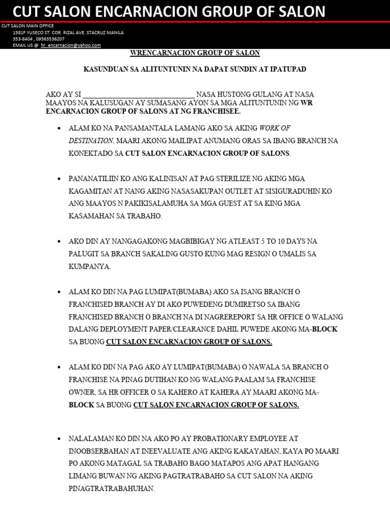 CUT SALON AGREEMENT - TAGALOG | PDF