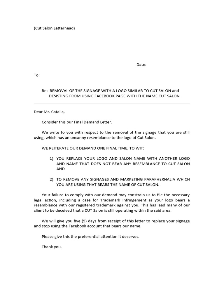 Final Demand Letter To Catalla. Remove Signage. | PDF