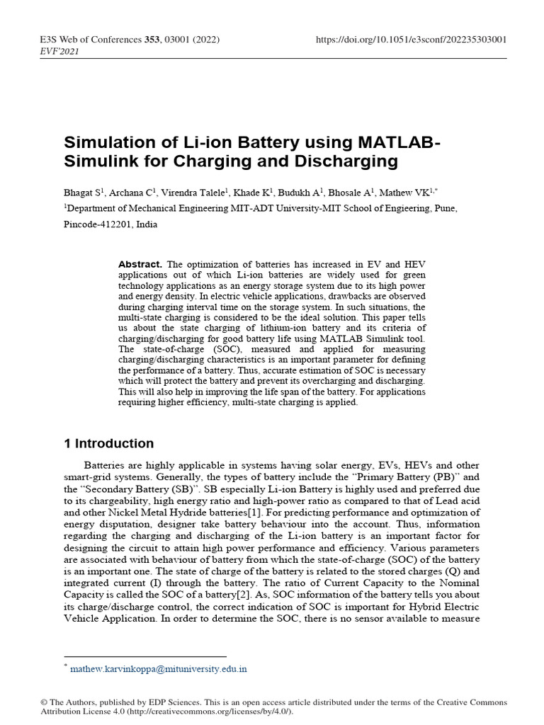Simulation of Li-Ion Battery Using MATLAB | Download Free PDF | Lithium Ion Battery | Electricity