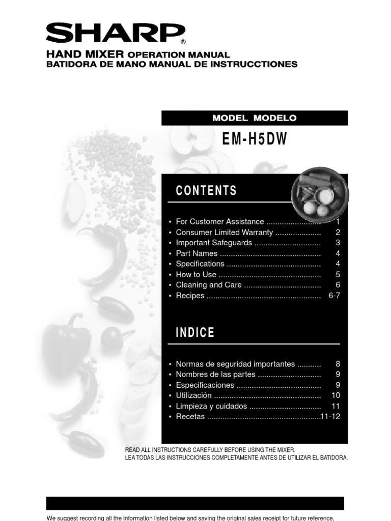 Comprehensive User Manual for the Sharp EM-H5DW Hand Mixer ...