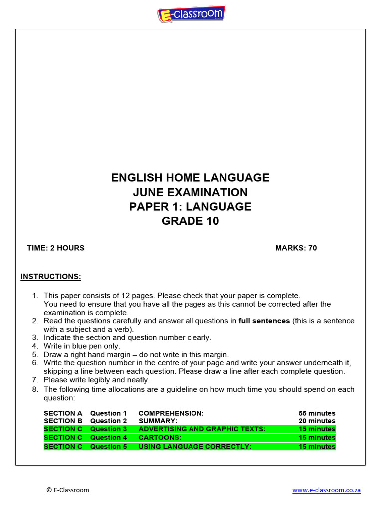 Gr10 Eng HL Term2 Pack01 Practice Paper | PDF | Verb | Question