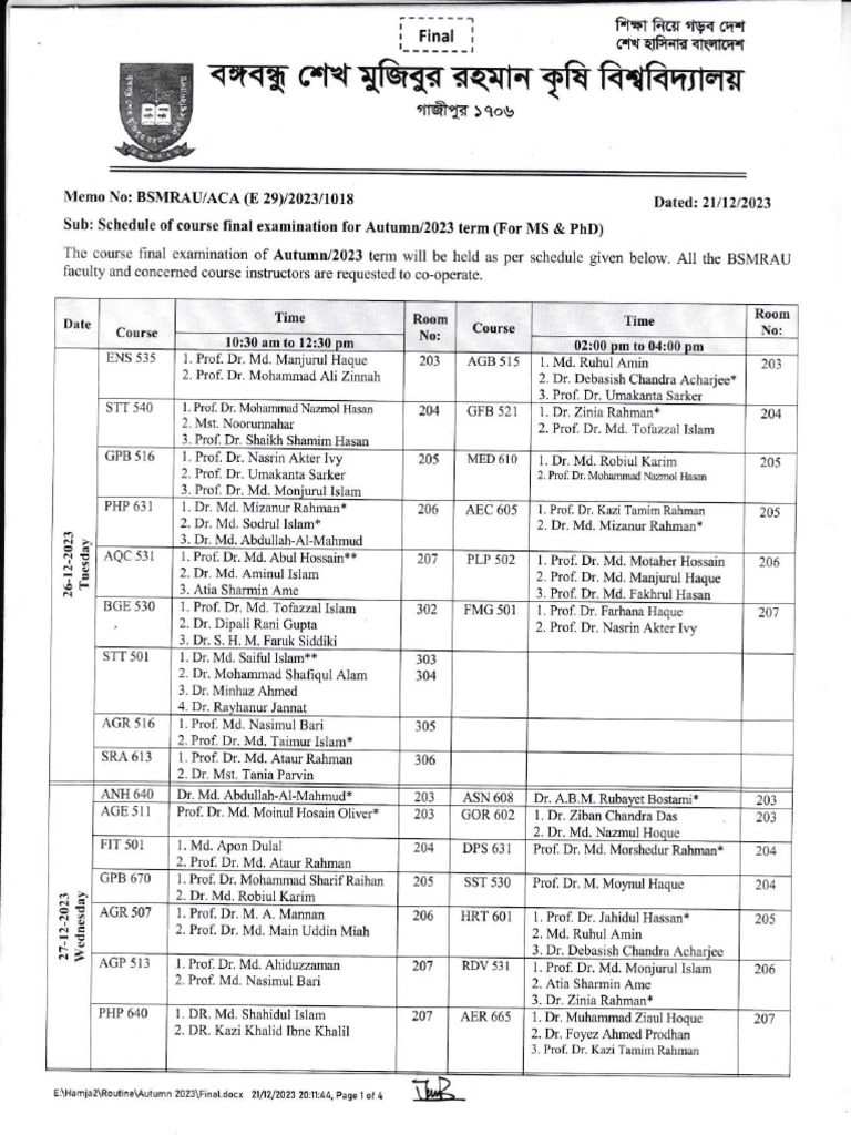 Schedule of Course Final Examination For Autumn 2023 Term For MS PHD Final SC - Compressed | PDF ...