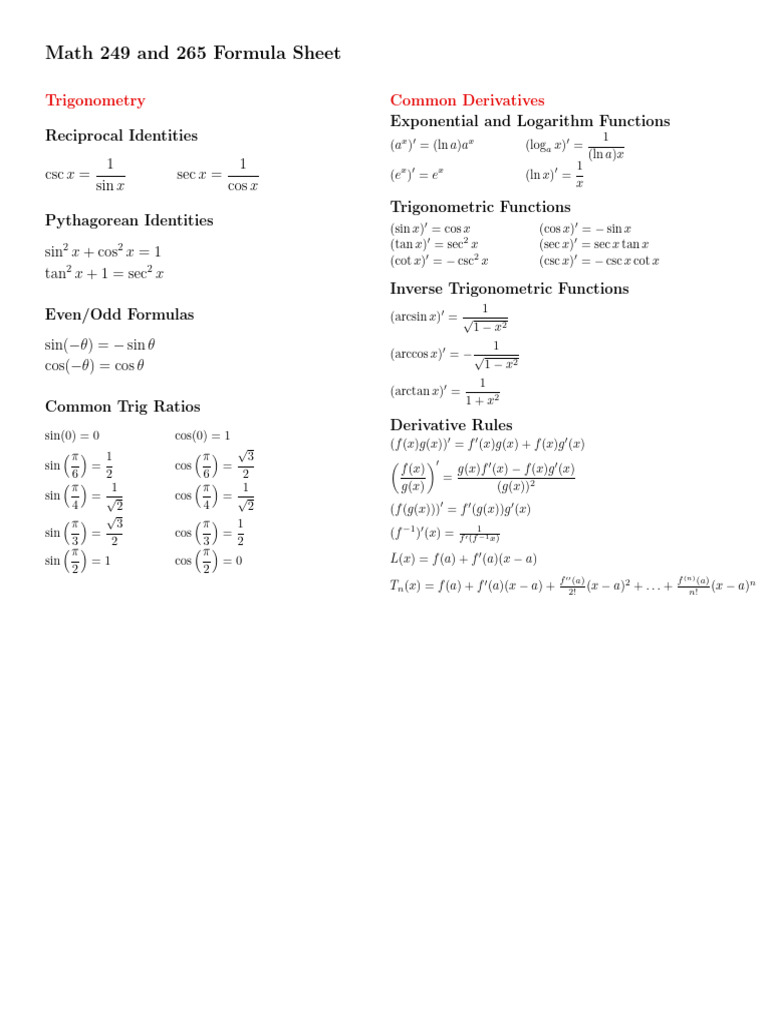 Calculus & Trig Formula Guide | PDF | Trigonometric Functions ...
