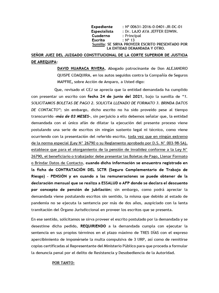 Sirva Proveer Escrito Alejandro Quispe Coaquira | PDF | Pensión | Justicia