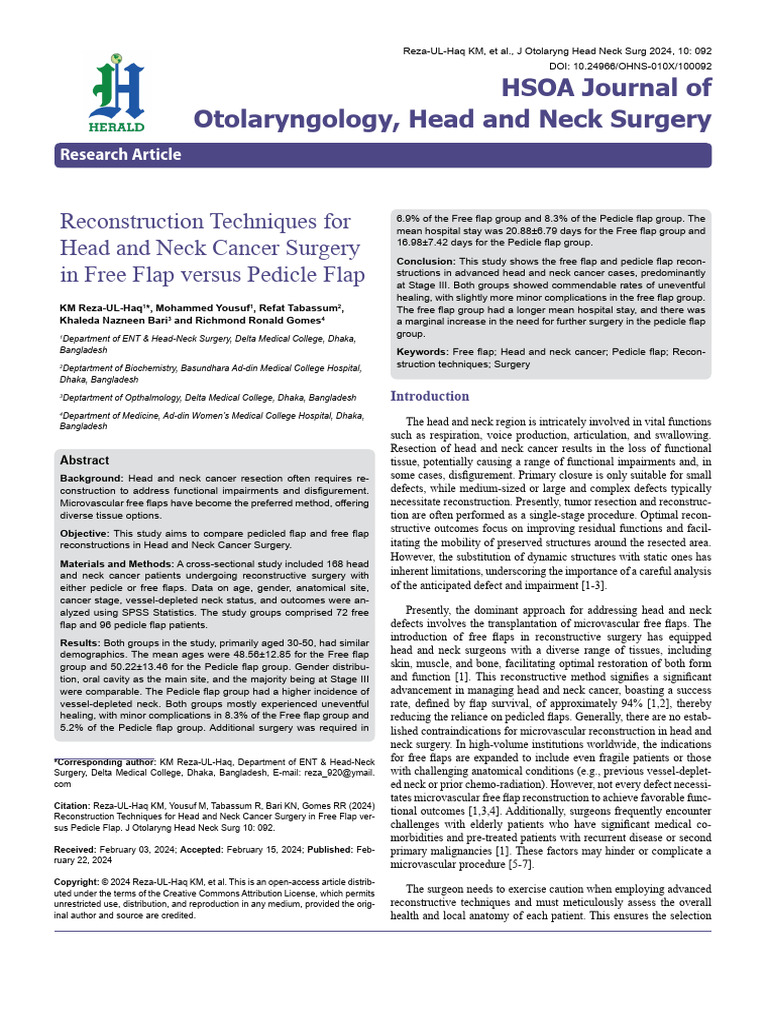 Reconstruction Techniques For Head and Neck Cancer Surgery in Free Flap ...