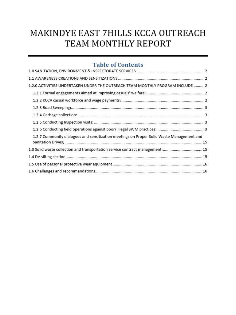 Makindye East 7hills Kcca Outreach Team Monthly Report | PDF | Waste Management | Waste