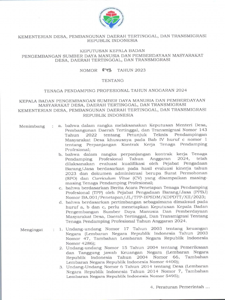 SK 543 TH 2023 - KALSEL Perpanjangan Kontrak TPP 2024 | PDF