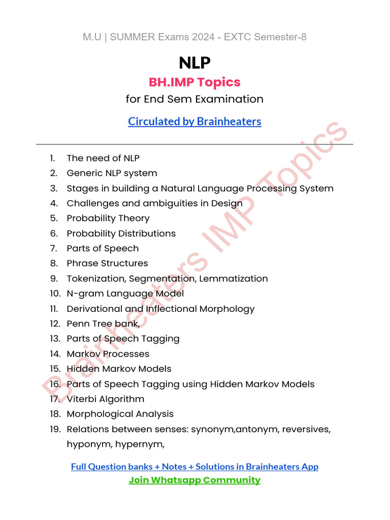 NLP Extc Sem8 IMP Topics | PDF | Language Arts & Discipline | Computers