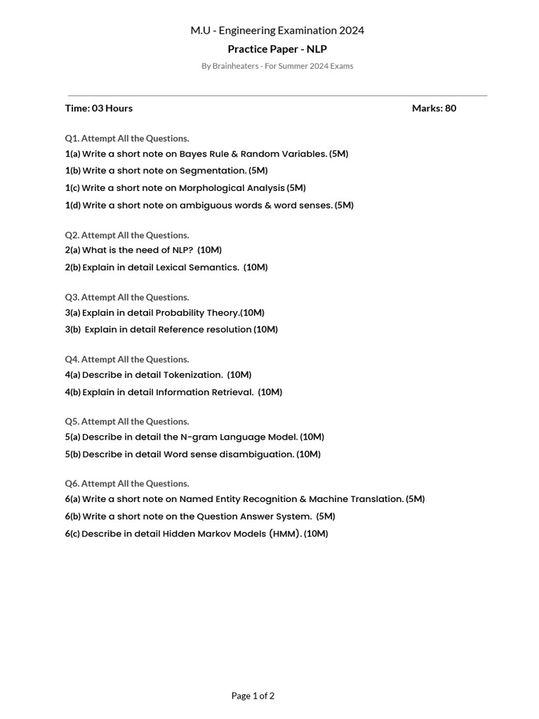 NLP Extc Sem8 Practice Papers | PDF | Linguistics | Cognitive Science