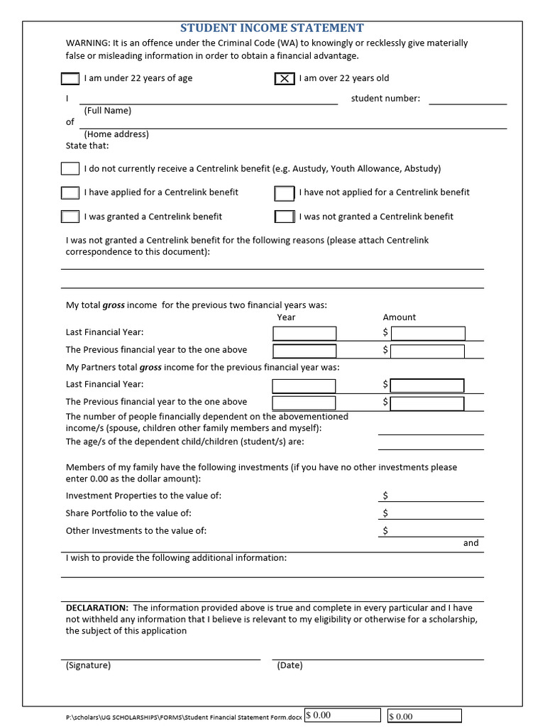 Student Financial Statement Form1 | PDF | Business