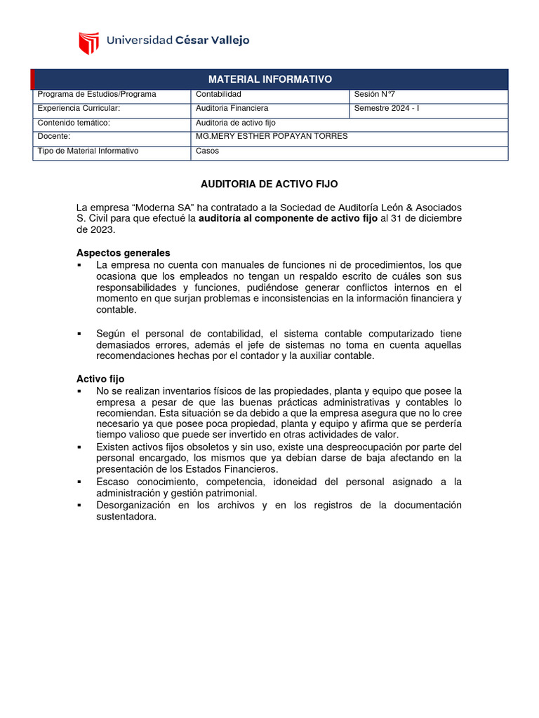 Auditoría de Activo Fijo en Moderna SA | PDF | Contabilidad | Auditoría