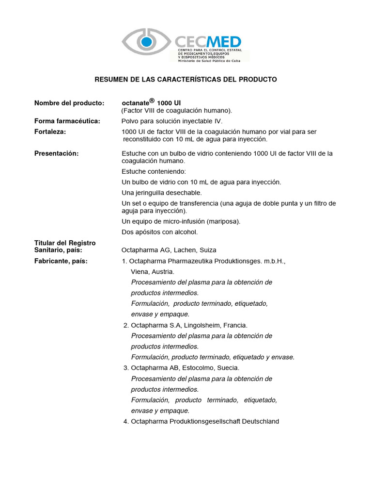 RCP Octanate 1000 | PDF | Hemofilia | Inyección (medicina)