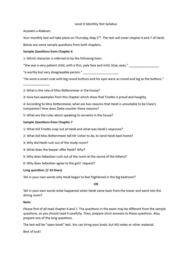 Sample Questions Heidi Chapter 6 and 7 | PDF | Language Arts & Discipline