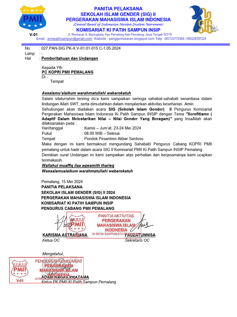 Surat Pemberitahuan Dan Undangan - PCKOPRI PMII Pemalang | PDF
