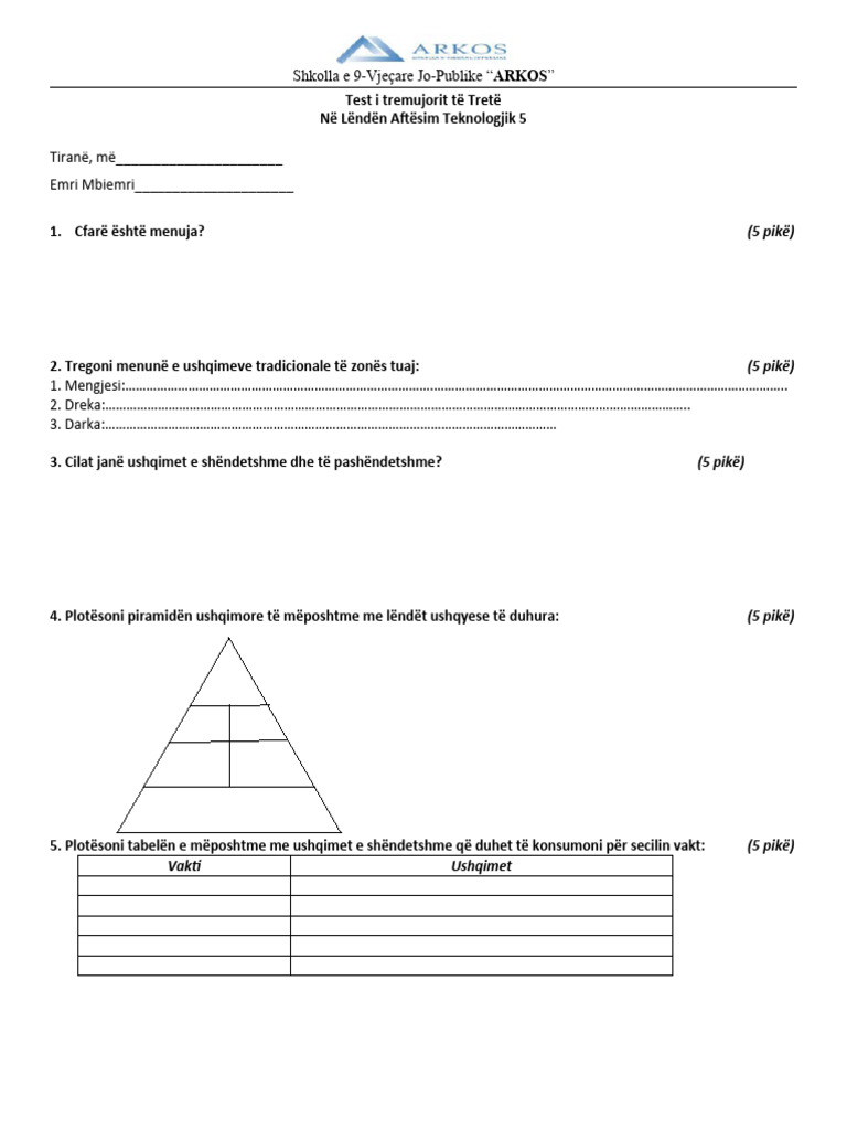 Aftesim Teknologjik 5 Test 3 - 13 Nxenes | PDF
