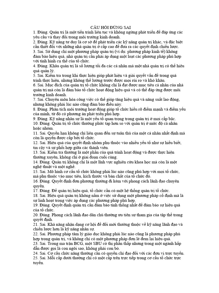 Câu Hỏi Đúng Sai Qth | PDF