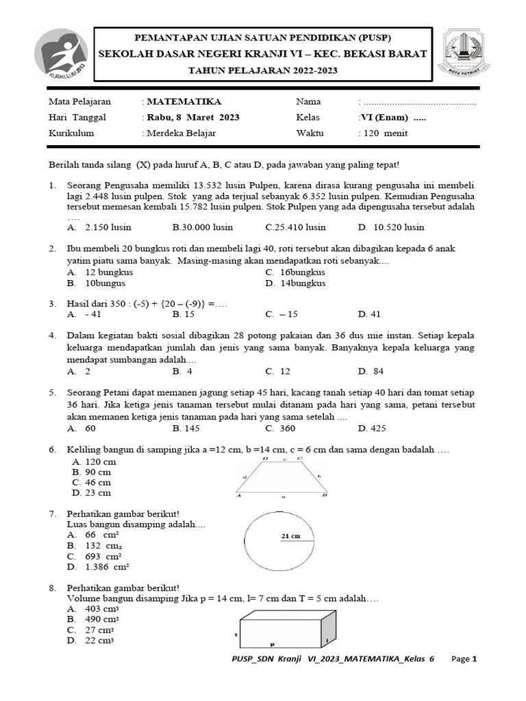 SOAL - PUSP - MATEMATIKA - Kelas 6 - Ok | PDF
