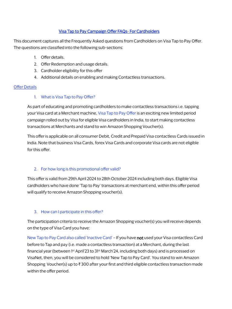 Faqs Visas Tap To Pay Offer Cardholder | PDF | Debit Card | Visa Inc.