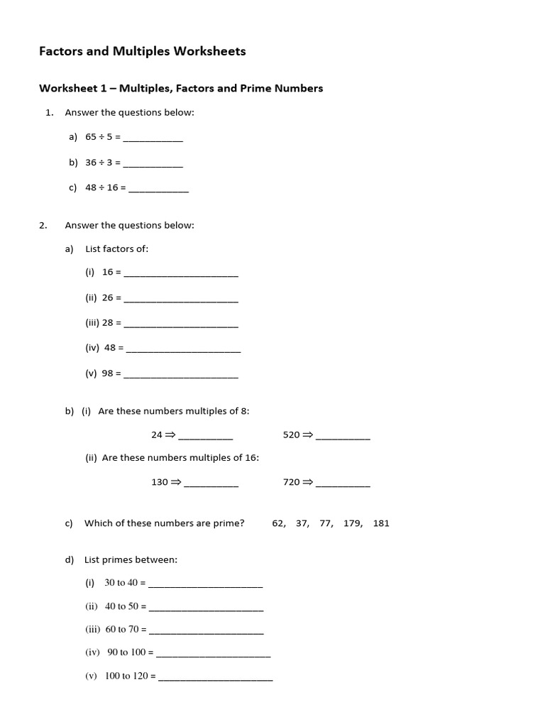 Factors and Multiples Worksheets | PDF | Number Theory | Recreational ...