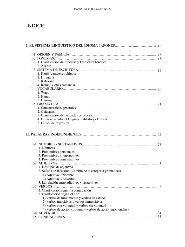Ndice Manual de Lengua Japonesa | PDF | Verbo | Oración (Lingüística)