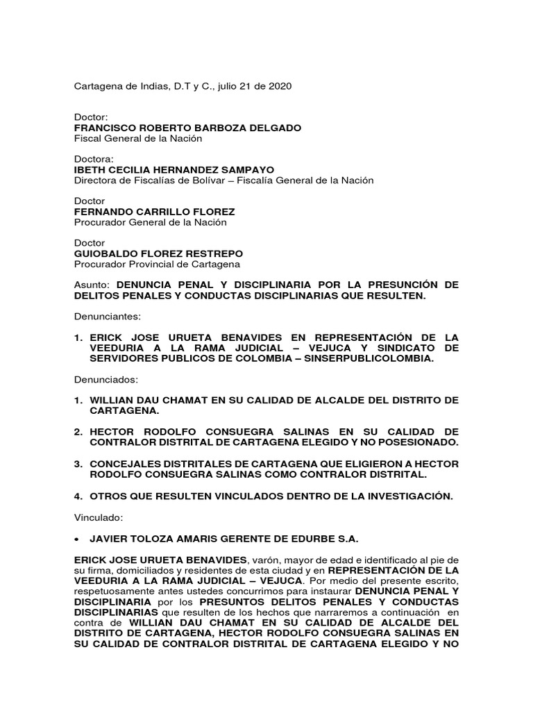 Denuncia Elección Contralor Distrital Consuegra Salinas | PDF | Alcalde ...