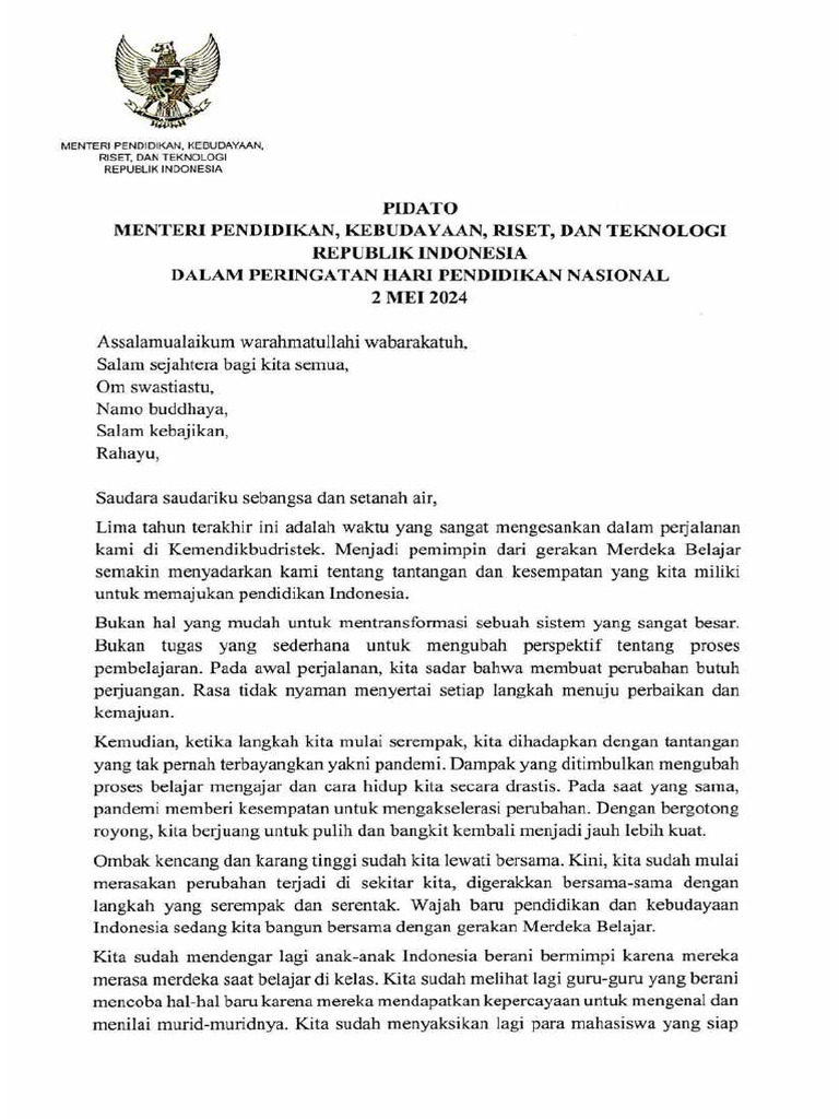 Pidato Menristek Hardiknas 2 Mei 2024 | PDF