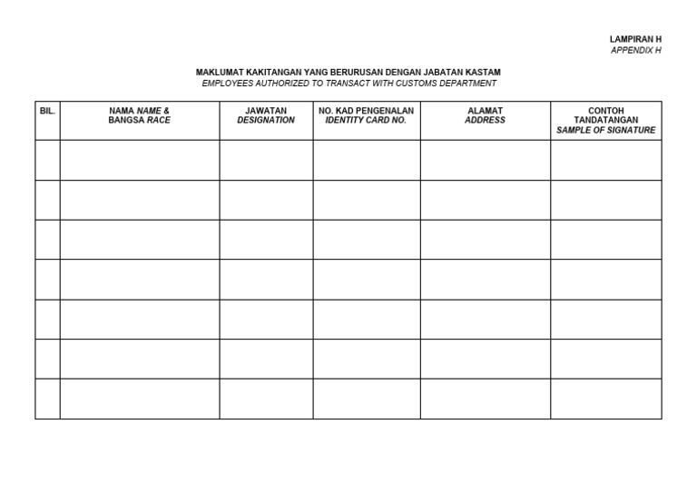 Lampiran H - Kakitangan Yang Berurusan Dengan Jabatan Kastam | PDF