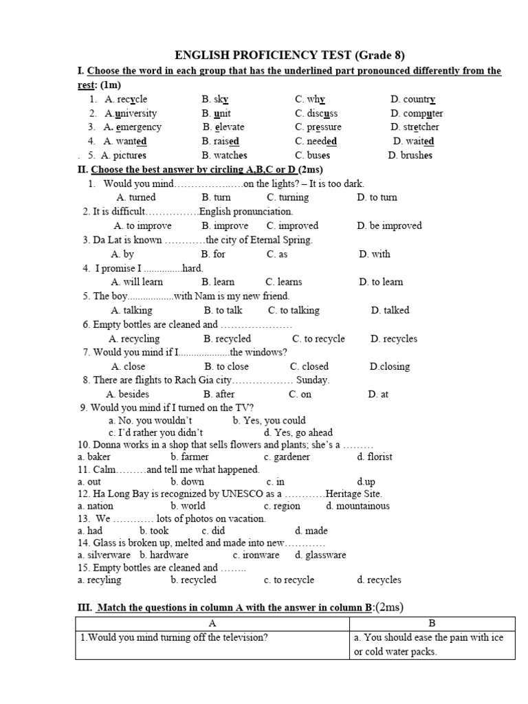 Grade 8 English Proficiency Test | PDF | Foreign Language Studies