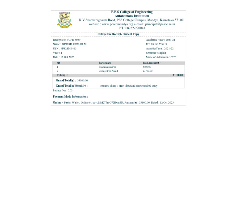PES College Fee Receipt for Dinesh Kumar | PDF