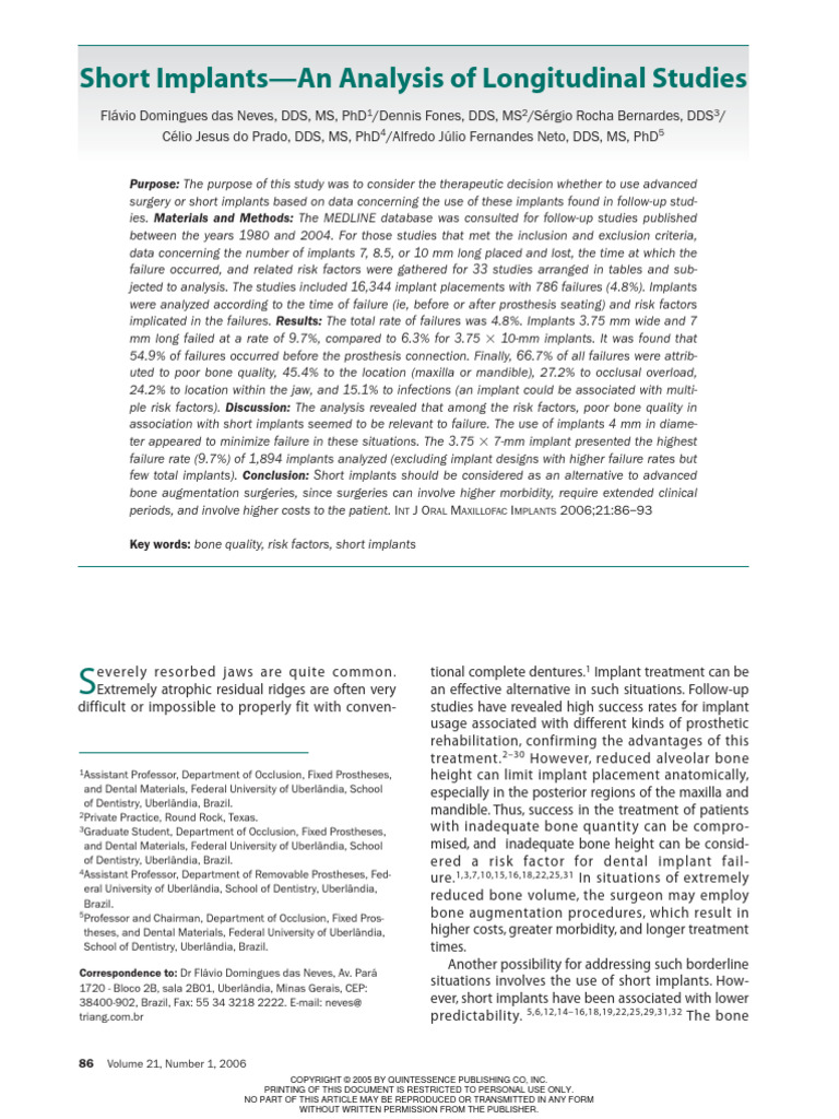 Short Implants-An Analysis of Longitudinal Studies | PDF | Dental Implant | Dentistry