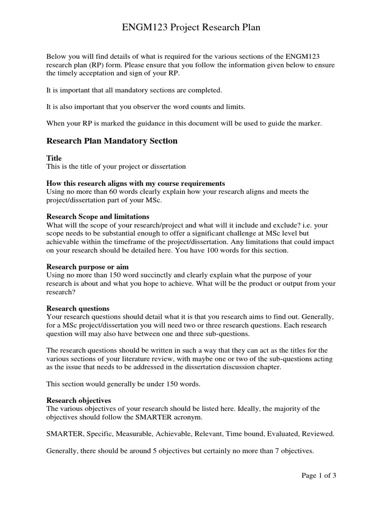 ENGM123 Projecr Research Plan Guide | PDF | Thesis | Methodology