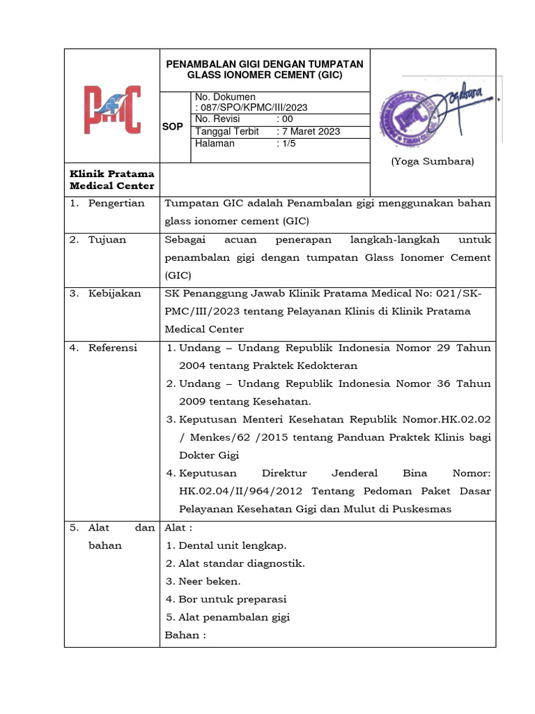 Sop Penambalan Gigi Dengan Tumpatan Gic | PDF