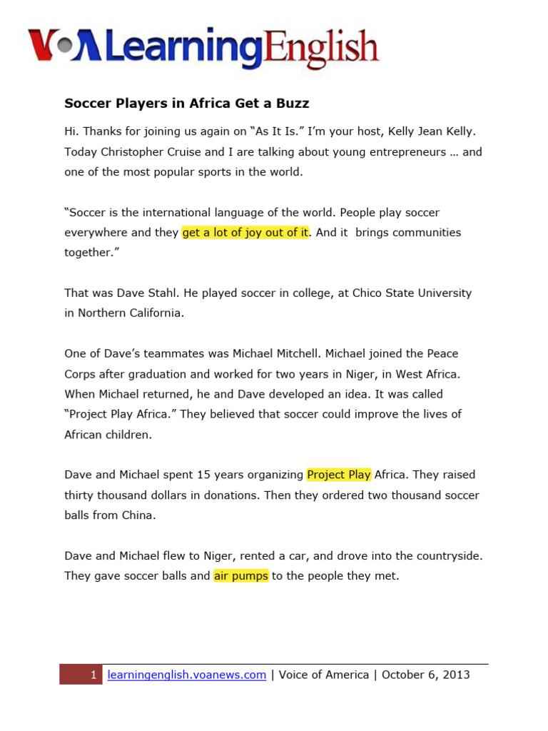 Soccer Players in Africa Get A Buzz | PDF | Non Governmental Organization