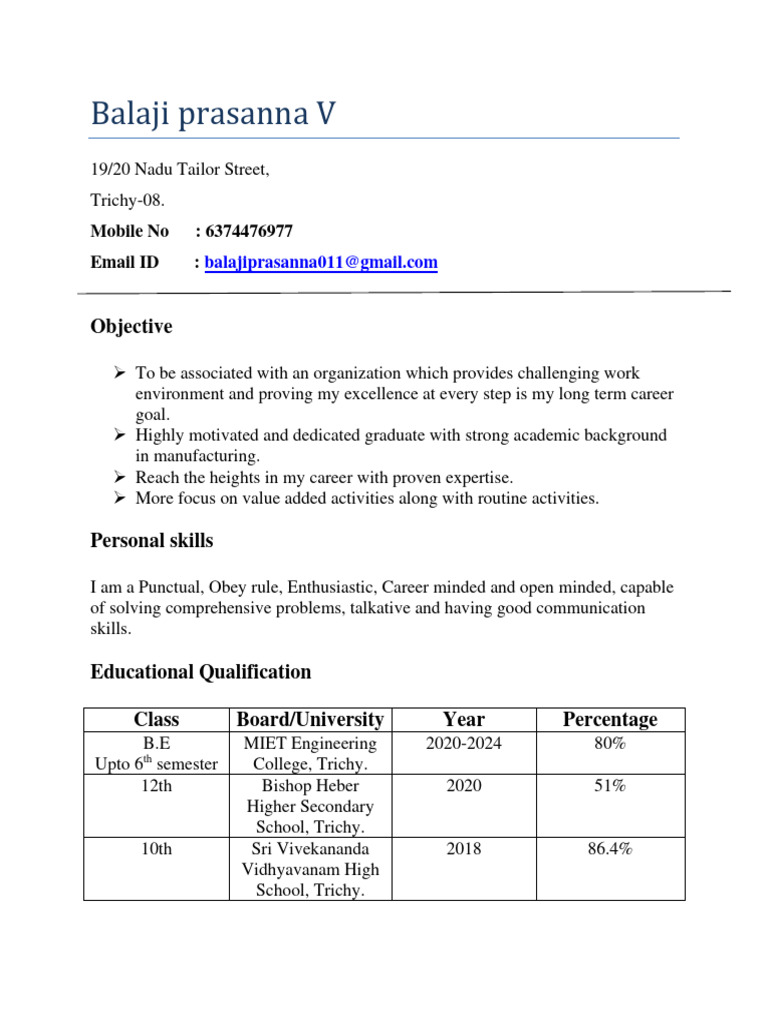 Balaji Prasanna V (Resume) | PDF | Human Communication