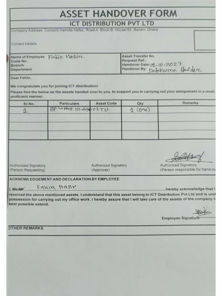 Asset Handover Fahin Laptop | PDF