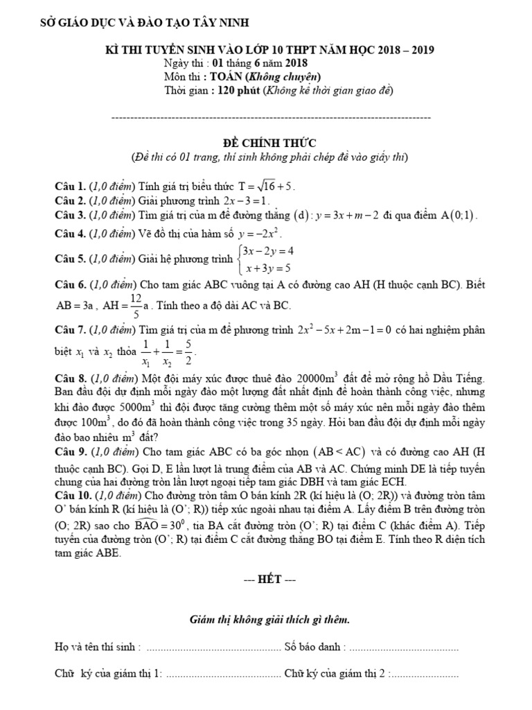 De Tuyen Sinh Vao Lop 10 Thpt 2018 2019 Mon Toan So Gd Va Dt Tay Ninh Khong Chuyen | PDF