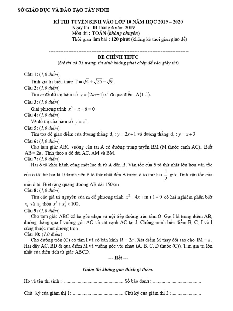 De Toan Tuyen Sinh Vao Lop 10 Nam Hoc 2019 2020 So GDDT Tay Ninh | PDF