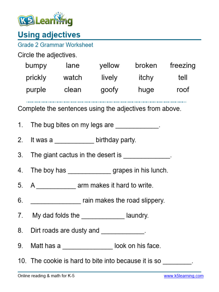 Grammar Worksheet Grade 2 Adjectives Sentences 1 | PDF