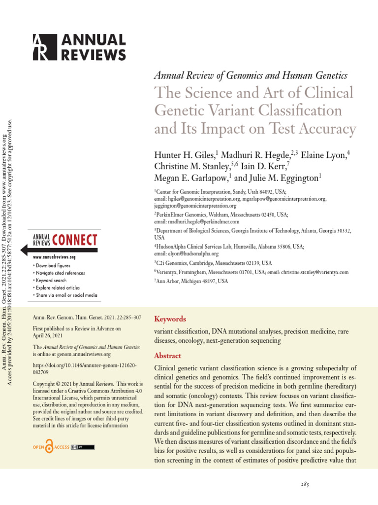 Science and Art of Genetic Variant Classification Ann Revi Genetics ...