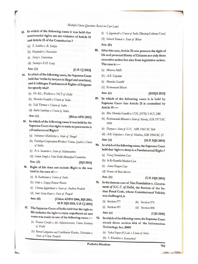Multiple Choice Questions Based On Case Laws | PDF