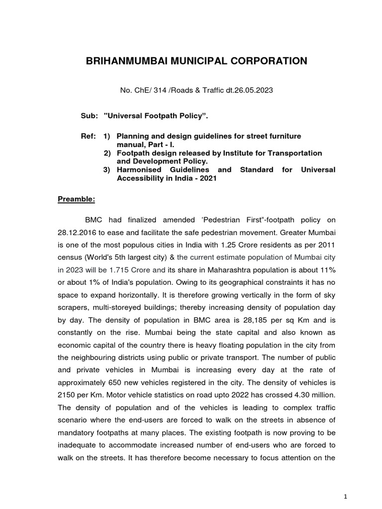 BMC Circular Universal Footpath Policy 26.05.2023 | PDF | Sidewalk | Pedestrian Crossing