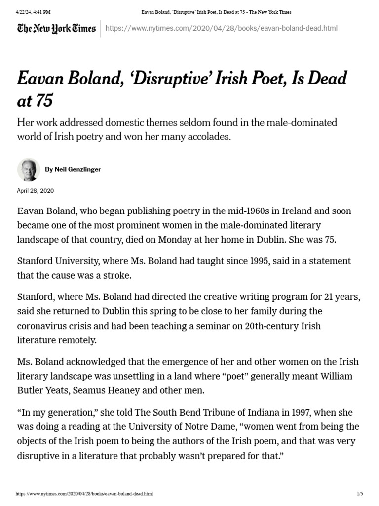 Eavan Boland, Disruptive' Irish Poet, Is Dead at 75 - The New York ...