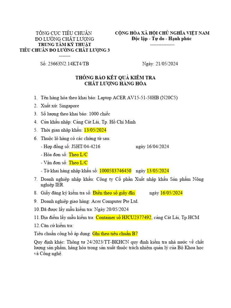 Mau Thong Bao Ket Qua Kiem Tra Nha Nuoc Ve Chat Luong Hang Hoa Nhap ...