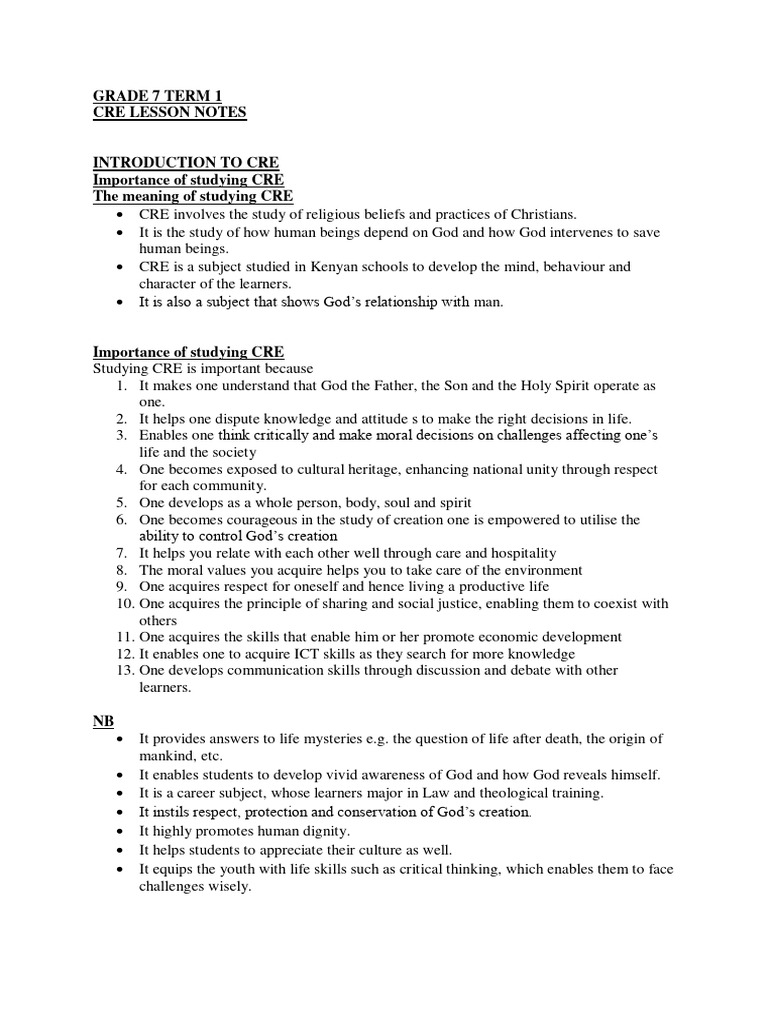 Grade 7 CRE Term 1 Lesson Notes | PDF | Moses | Jesus