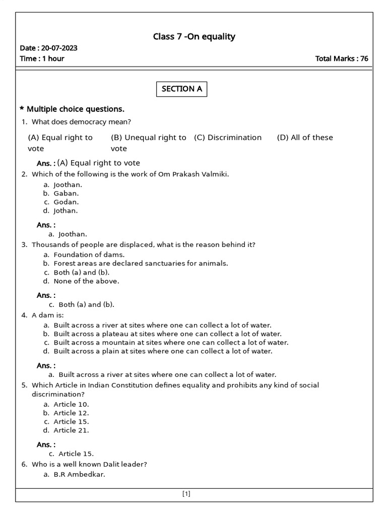 Multiple Choice Questions on Equality and Democracy | PDF | Equal ...